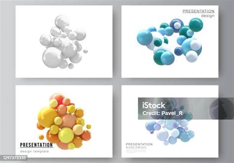 프레젠테이션의 벡터 레이아웃은 디자인 비즈니스 템플릿 프레젠테이션 브로셔를 위한 다목적 템플릿 보고서 입니다 여러 가지 빛깔의 3d 구 거품 공을 가진 현실적인 벡터 배경
