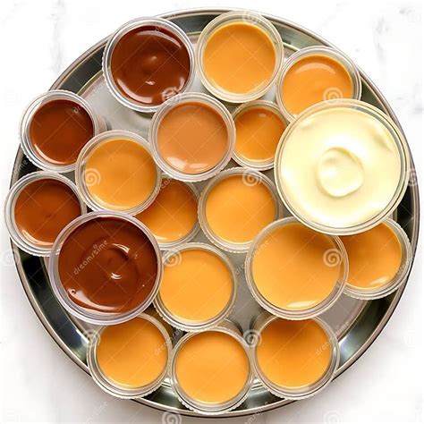 A Platter Of Assorted Pudding Cups With Flavors Like Chocolate Vanilla And Butterscotch Stock