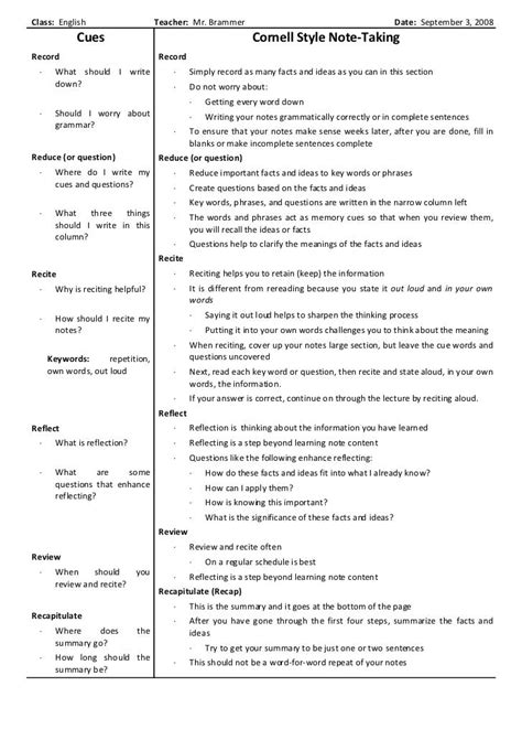 Cornell Style Notes Format