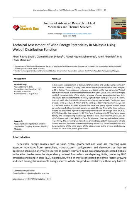 Pdf Technical Assessment Of Wind Energy Potentiality In Malaysia