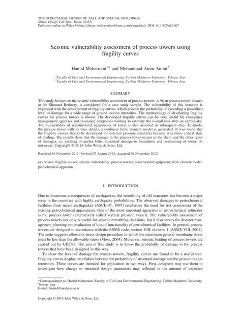 Pdf Seismic Vulnerability Assessment Of Process Towers Using