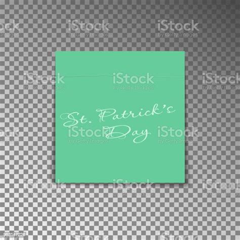 텍스트 세인트 Patricks 일 사무실 노란 포스트 참고 투명 한 배경에 고립 된 그림자와 함께 종이 시트 스티커 벡터