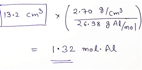 [Solved] Aluminum has a density of 2.70 g/cm^3. How Many moles of aluminum are in a 13.2 cm^3 ...