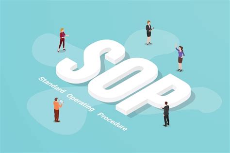 Sop 표준 운영 절차 큰 텍스트 단어와 현대적인 아이소메트릭 스타일을 사용하는 사람들 프리미엄 벡터