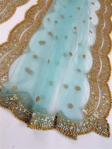 Aqua Blue Net Dupatta With Gold Zari Sequin And Beads Kaash