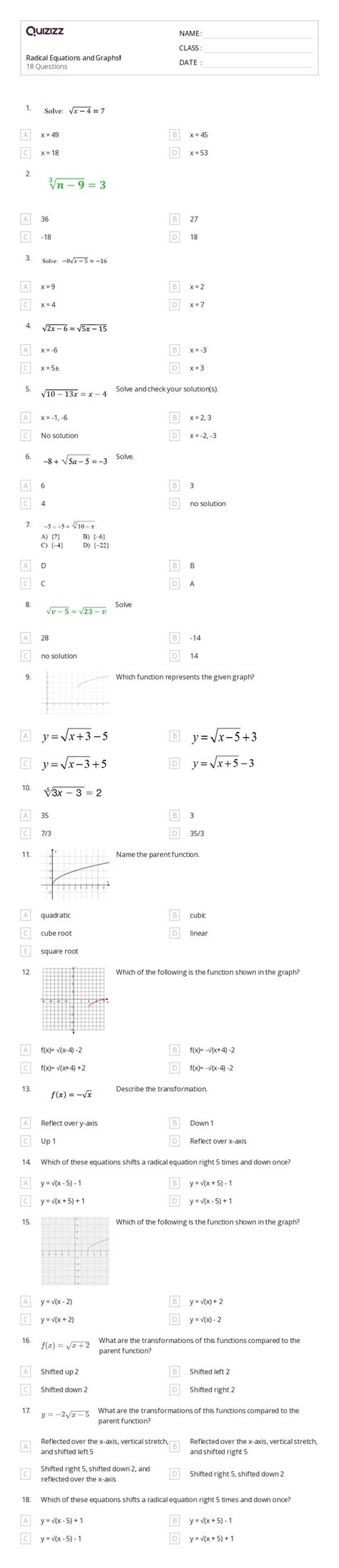 50 radical equations and functions worksheets on quizizz free