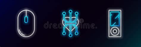 set line music player computer mouse and processor icon glowing neon