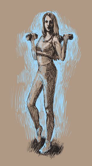 스케치 스타일 드로잉 운동복 레깅스 탱크 탑을 입은 젊은 날씬한 금발 여성이 아령으로 훈련하고 있습니다 벡터 일러스트 Eps 10근육 강화를 위한 피트니스 운동의 개념 복근