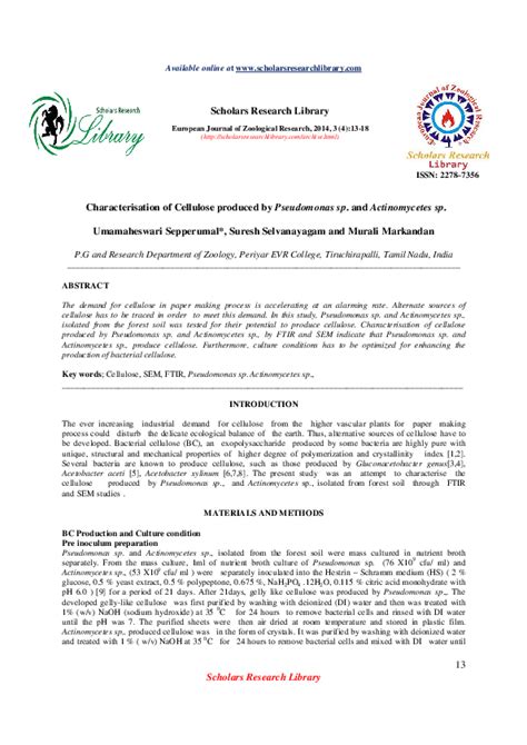 Pdf Characterisation Of Cellulose Produced By Pseudomonas Sp And Actinomycetes Sp