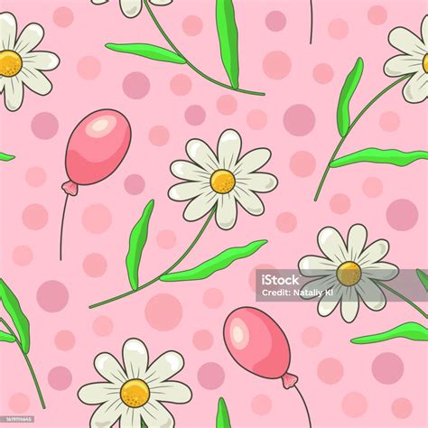 흰색 꽃잎과 노란색 코어 줄기와 꽃잎 분홍색 하이라이트가 있는 밝은 분홍색 배경에 분홍색 풍선이 있는 카모마일 꽃 원활한 패턴 직물에 인쇄합니다 레이블 벡터 그림 0명에