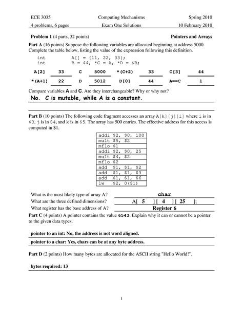 Sp10 Exam 1 Soln Practice Exams 4 Problems 6 Pages Exam One Solutions 10 February 2010