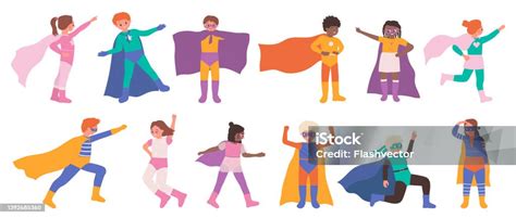 어린이 슈퍼 히어로 캐릭터 세트 슈퍼맨의 화려한 카니발 의상을 입은 어린 아이 아이에 대한 스톡 벡터 아트 및 기타 이미지 아이 망토 사육제 Istock