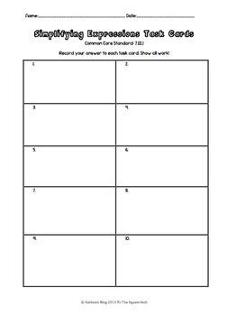 Simplifying Expressions Task Cards By To The Square Inch Kate Bing Coners