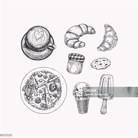 다양한 식품 수집 크루아상 쿠키 커피 잼 크레페 아이스크림 벡터 일러스트레이션 커피 마실 것에 대한 스톡 벡터 아트 및 기타 이미지 커피 마실 것 개념 건강한 식생활