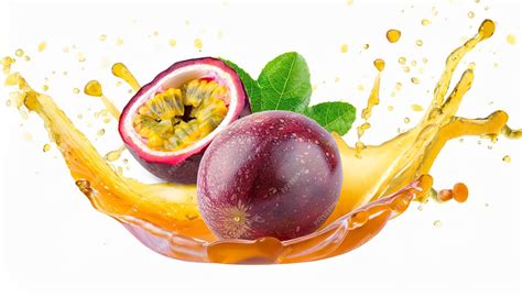 Red Passion Fruit With Passionfruit Juice Splash Isolated On White