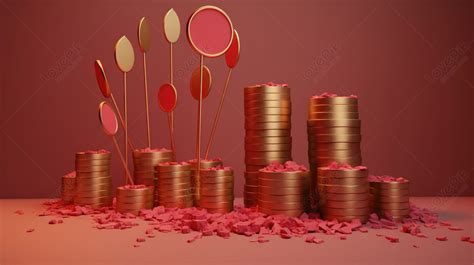 비즈니스 강화 생생한 분홍색 배경에 시장 발전을 알리는 빨간색 화살표로 금화가 쌓여 있는 3d 그림 금 배경 홍색 배경 빨간색 배경 이미지 Hd 금 홍색 빨간색