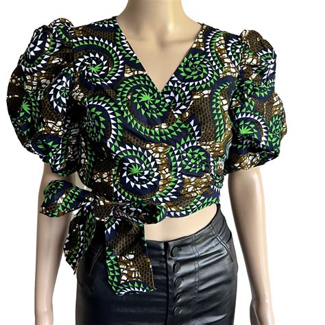 African Print Wrap Crop Top With Puff Sleeves Ankara Wrap Top