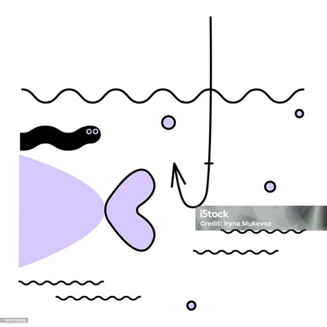 벌레 미끼 물고기가 빈 갈고리에서 헤엄쳐 나옵니다 유머러스한 평면 윤곽 그림 전국 낚시의 날 국제 어부의 날 벡터 그림 2차 도형에 대한 스톡 벡터 아트 및 기타 이미지