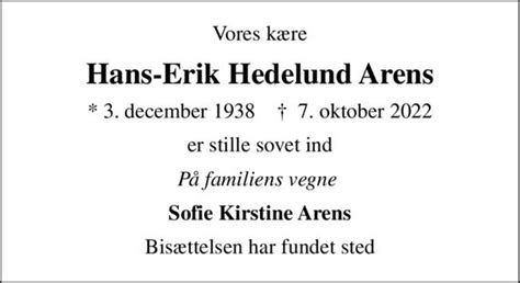 Hans Erik Hedelund Arens Dødsannoncer I Danmark