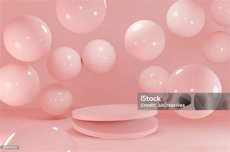 3d 파스텔 핑크 제품 모형 디스플레이 광고 배경 벽지 분홍색 풍선이 있는 3d 떠 있는 플랫폼 연단 핑크 라떼 컬러 테마