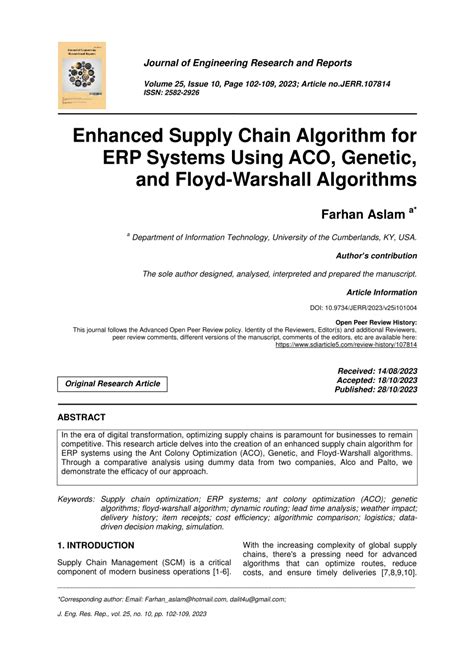 pdf enhanced supply chain algorithm for erp systems using aco