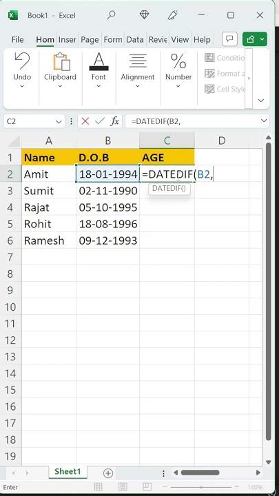 how to calculate age in excel shorts excel exceltutorial youtube