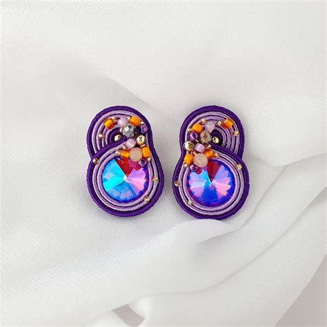 Purple Crystal Earrings Soutache Purple Earrings Lilac Orange Bead