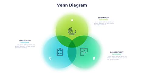 세 개의 교차된 다채로운 원형 요소가 있는 벤 차트 스타트업 프로젝트 개발의 3가지 요소 개념 간단한 평면 인포 그래픽 디자인 템플릿입니다 논리 분석을 위한 현대 벡터 그림