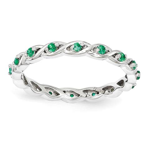 Solid 925 Sterling Silver Stackable Expressions Simulated Emerald Ring
