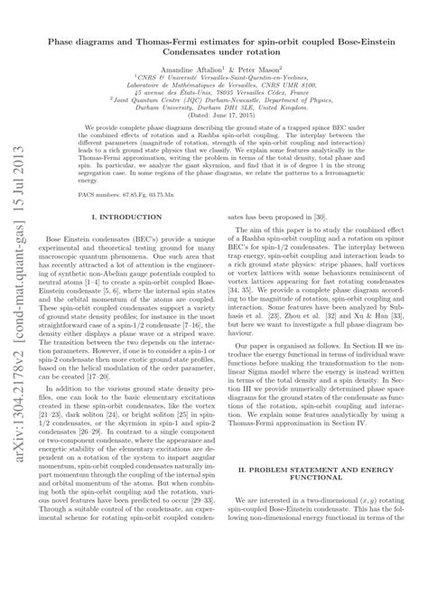 Pdf Phase Diagrams And Thomas Fermi Estimates For Spin Orbit Coupled Bose Einstein Condensates