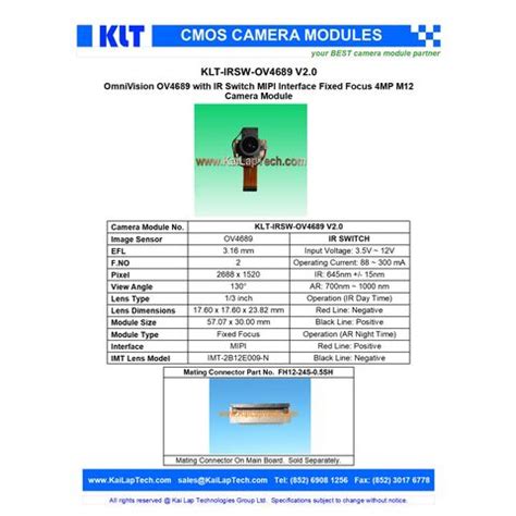 Hong Kong SAR KLT IRSW OV4689 V2 0 OV4689 With IR Switch MIPI Interface Fixed Focus 4MP M12