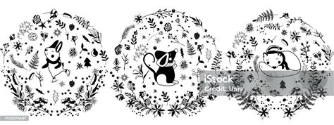 마법의 겨울 스케이트에 스카프에 재미있는 토끼 잠자는 늑대 귀여운 마우스 크리스마스 화환 겨울 베리 나뭇잎 화환 컨셉 크리스마스와 새해 벡터 일러스트레이션 새해에 대한 스톡