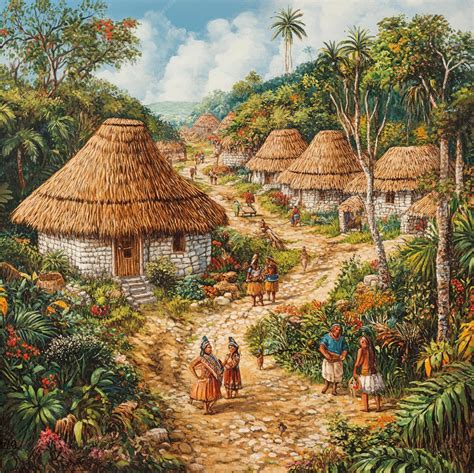 A Mayan Village With Thatchedroof Huts Traditional Clothing And Daily