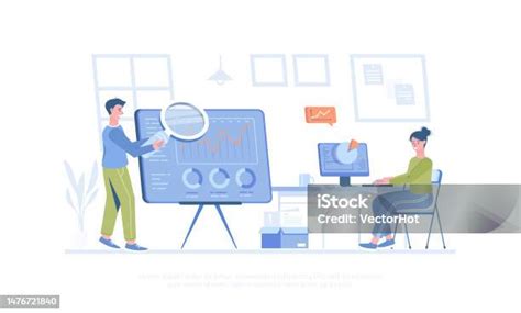 Big Data Analysis Business Statistics Research Analysts Analyze Charts Graphs Database Cartoon