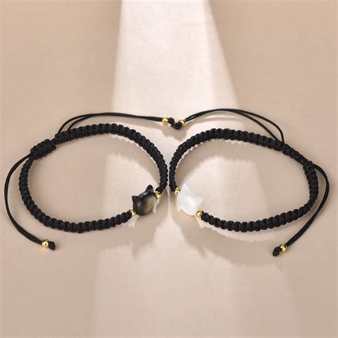 Black Shell Cat Charm Bracelet Crystal Beaded Woven Friendship