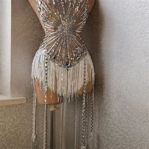 Sexy Rhinestone Crystal Bodysuit Women Big Stretch Tassel Club Prom Dr