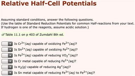 Solved Relative Half Cell Potentials Assuming Standard Conditions