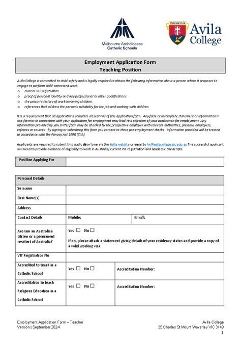 Teaching Application Form Avila College Employment Application Form Teaching Position Avila