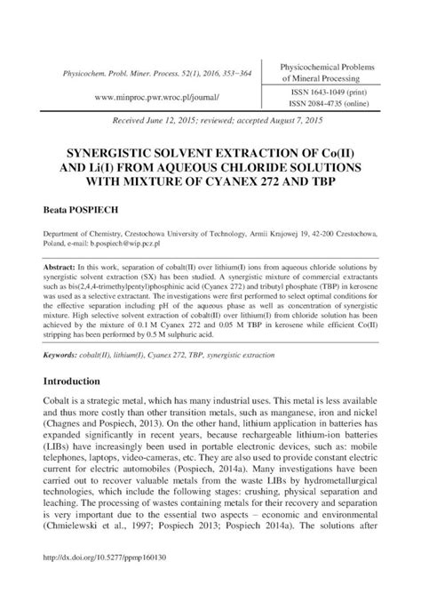 Pdf Synergistic Solvent Extraction Of Coii And Lii From Aqueous