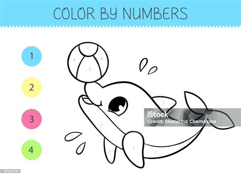 공을 가진 귀여운 돌고래가 있는 아이들을 위한 숫자 색칠하기 책으로 색칠하세요 만화 돌고래와 색칠 공부 페이지입니다 흑백 흑백 벡터 그림입니다 0명에 대한 스톡 벡터 아트