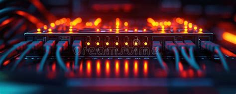 Close Up View Of Network Switch With Many Cables Plugged In Red Lights Illuminate Switch Ports
