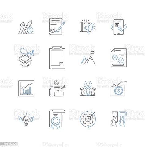 상업적 성공 라인 아이콘 컬렉션입니다 수익성 번영 성장 성취 발전 성취 번성하는 벡터 및 선형 그림 번성 확장 획기적인 개요 표지판 세트 개발에 대한 스톡 벡터 아트 및