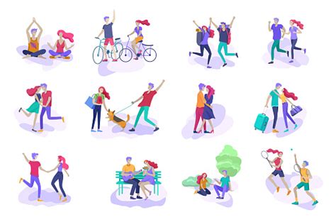 행복한 연인 관계 로맨틱 한 커플 키스 포옹 자전거 타기 걷기 테니스 기타 요가 댄스와 장면 캐릭터 발렌타인 데이 세트입니다 다채로운 벡터 달리기에 대한 스톡 벡터 아트 및