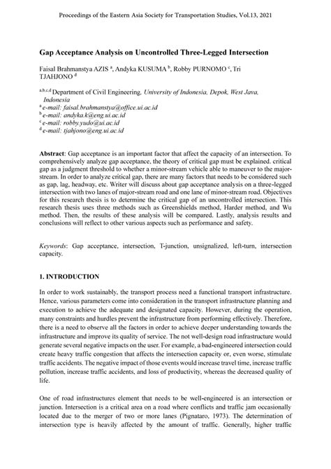 Pdf Gap Acceptance Analysis On Uncontrolled Three Legged Intersection