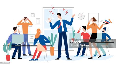 사무실 평면 벡터 일러스트에서 화가 보스 분노한 최고 관리자에 의해 충격을 받은 무서운 직원들 스트레스 벡터 만화 문자 누락 된 마감일 개념 개념에 대한 스톡 벡터 아트 및