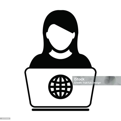 평범한 색 글리프 픽토그램에서 랩톱 컴퓨터 여성 사용자 프로필 아바타와 글로브 기호와 집에서 온라인으로 작업 직원 아이콘 벡터