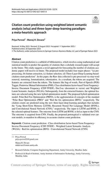 Citation Count Prediction Using Weighted Latent Semantic Analysis Wlsa And Three Layer Deep