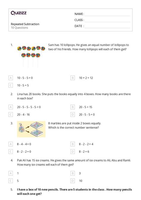 50 repeated subtraction worksheets for 1st class on quizizz free