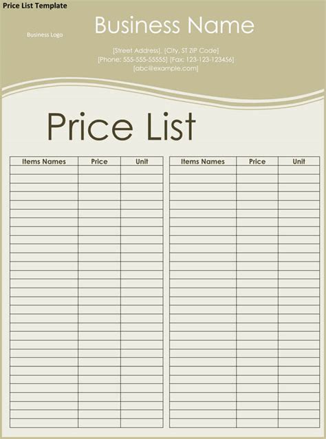 Free Price List Template Word