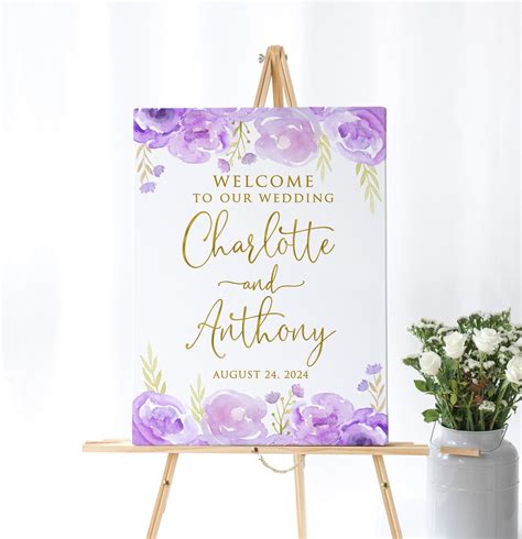 Purple Gold Wedding Welcome Sign Lavender Wedding Sign Purple Welcome